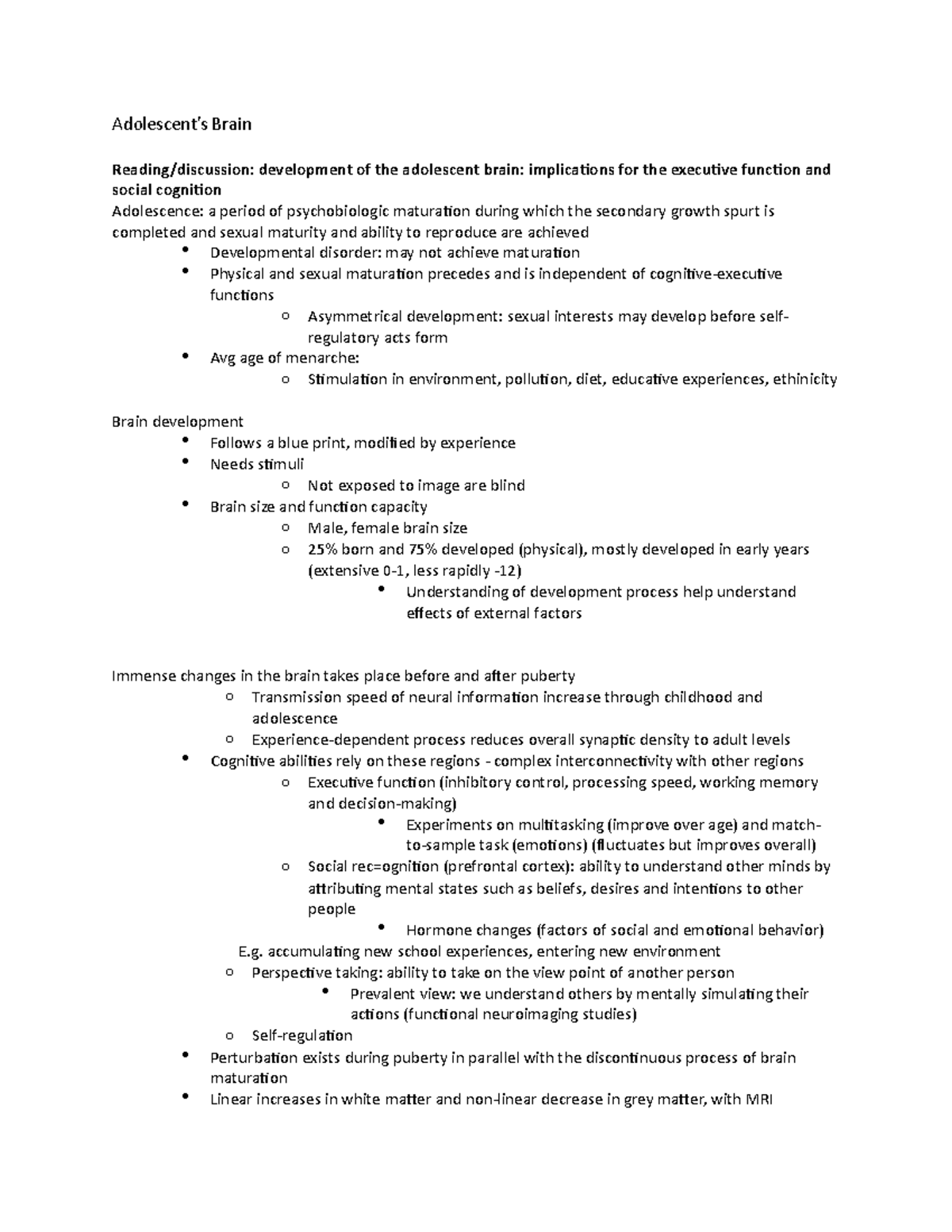Adolescent's brain - Lecture notes 1 - Adolescent’s Brain Reading ...