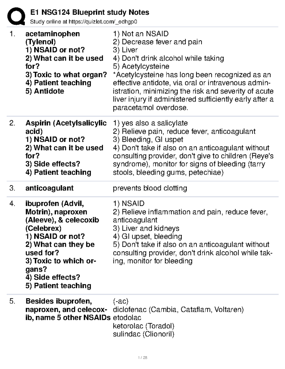 E1 Blueprint study Notes - Study online at quizlet/_edhgp acetaminophen ...
