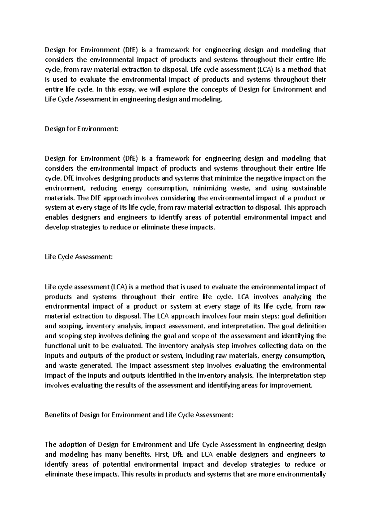 Design for Environment; Life Cycle Assessment - Design for Environment ...