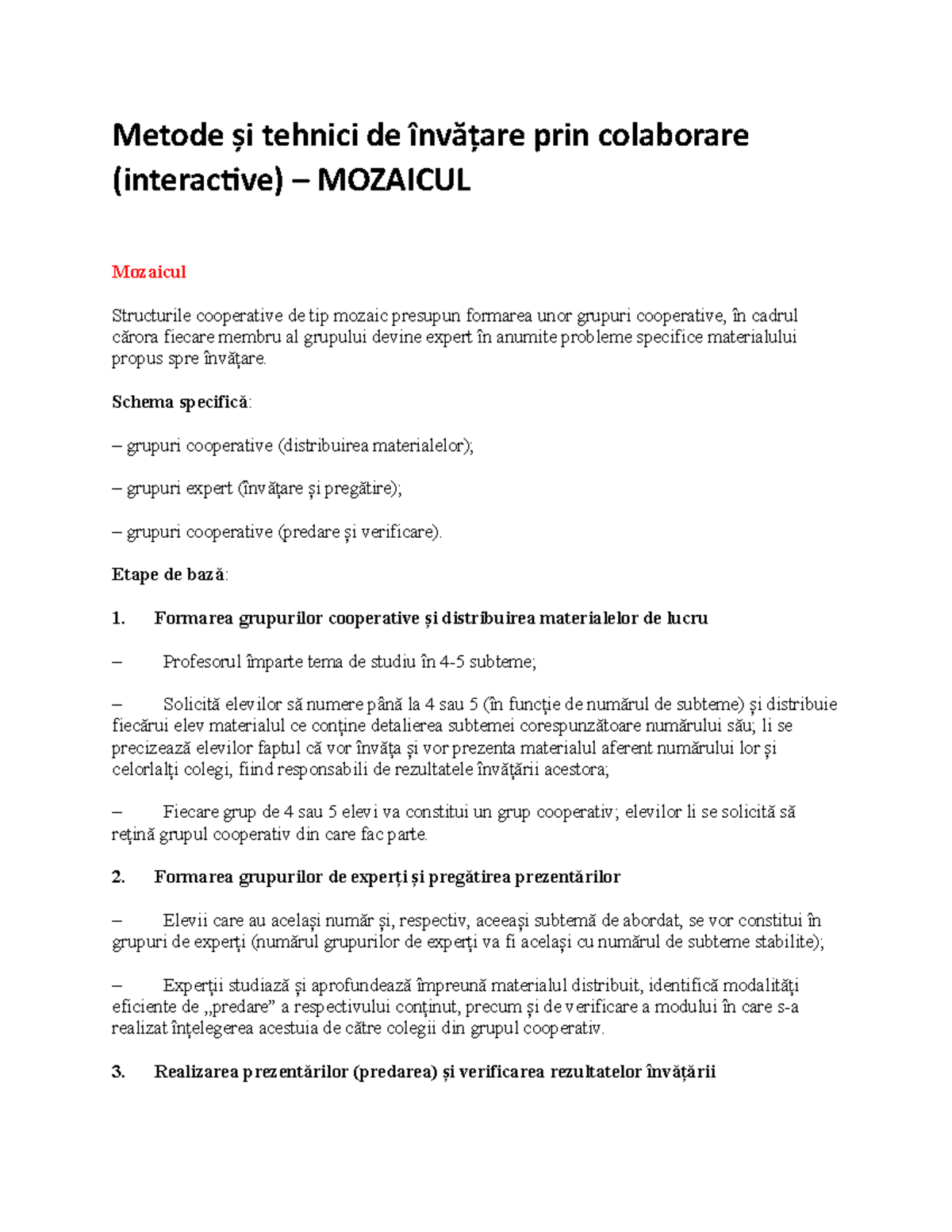 Metoda Mozaicul - Metode și tehnici de învățare prin colaborare ...