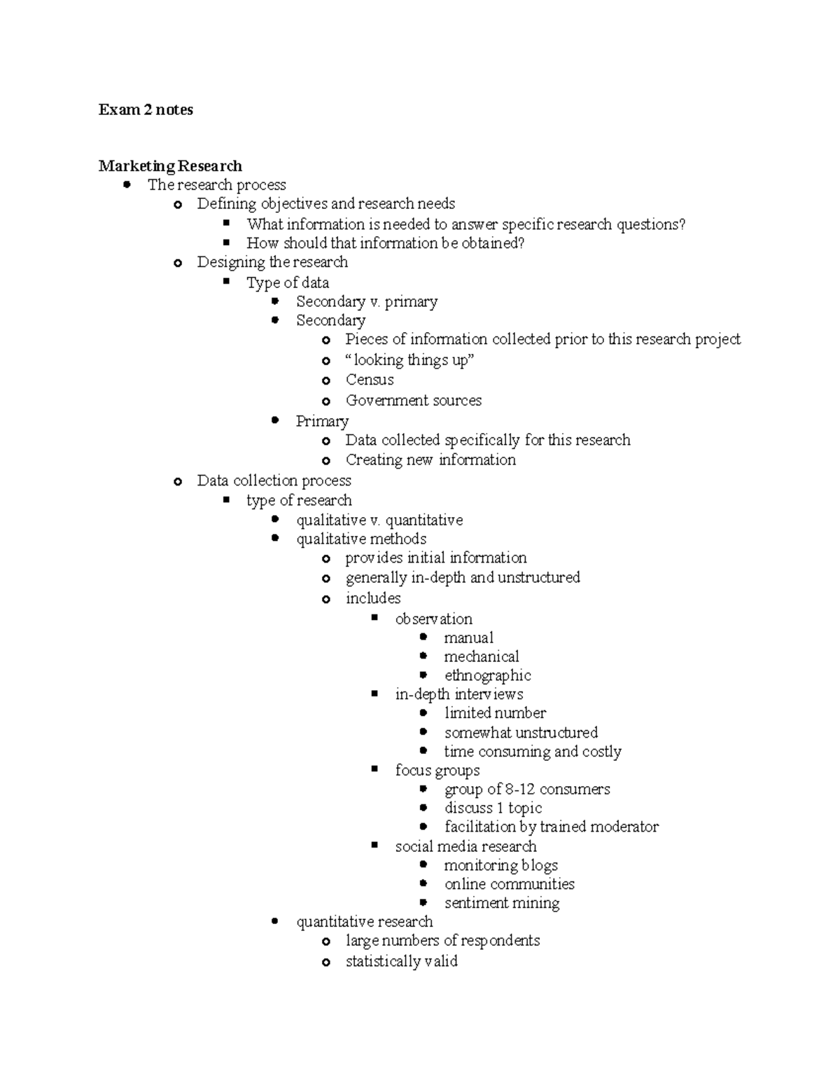 Notes For Exam 2 Exam 2 Notes Marketing Research The Research Process