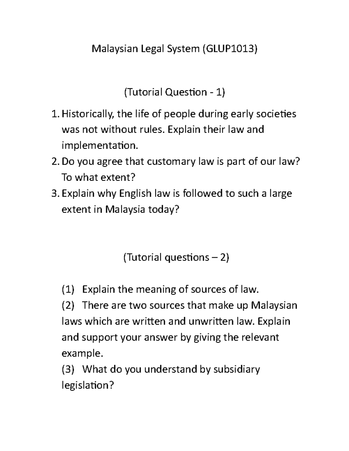 Tuto 1 2 - TUTO - Malaysian Legal System (GLUP1013) (Tutorial Question ...