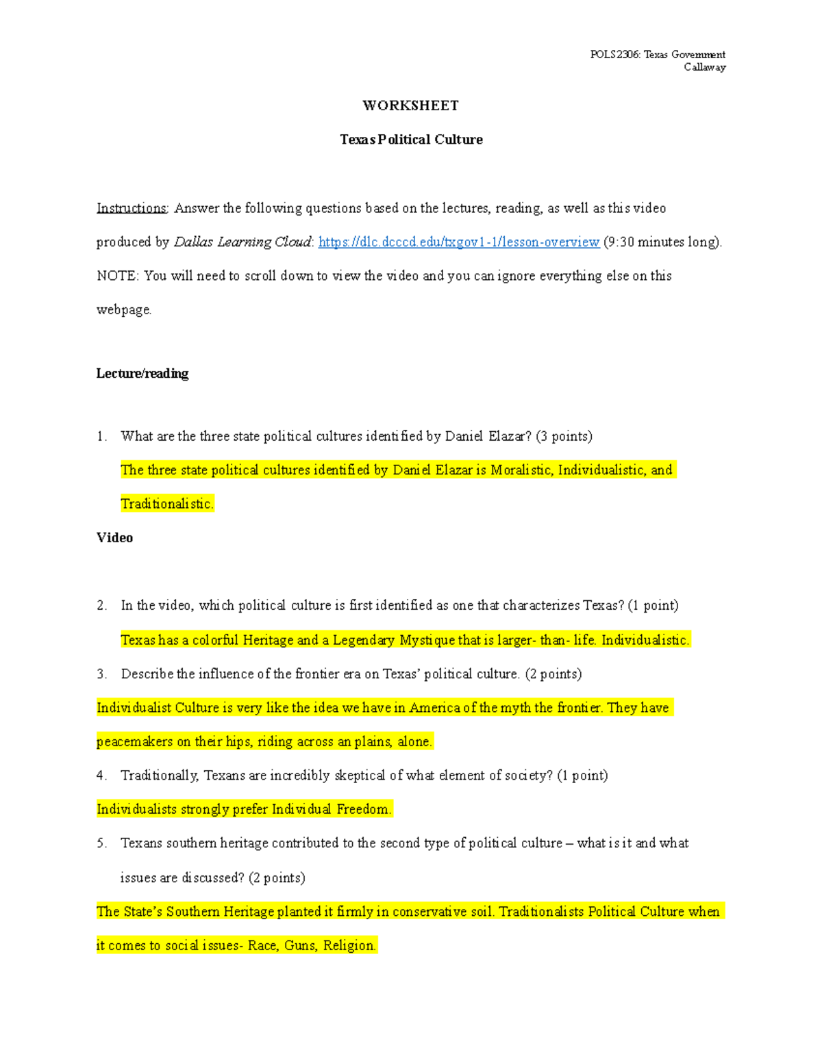 Friday Assignment #3 Political Culture - POLS2306: Texas ...