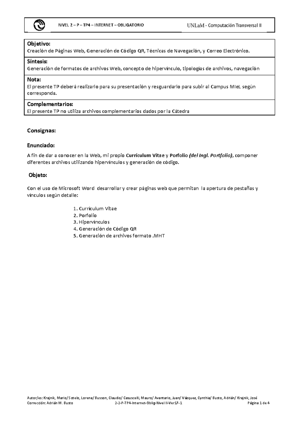2 2 P TP4 Internet Oblig Nivel II Ver17 1 - Autor/es: Krajnik, Mario/ Sotelo, Lorena/ Busson ...