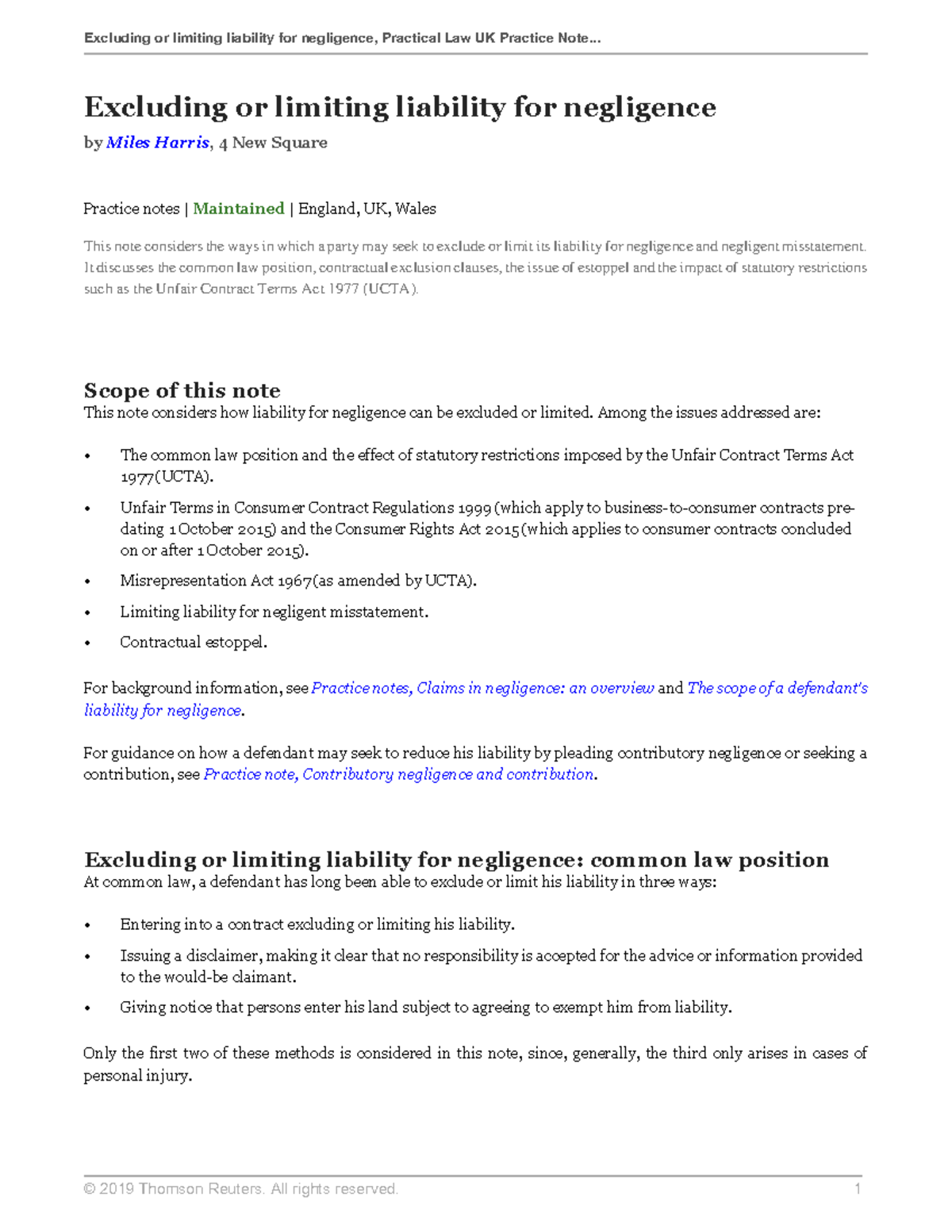 Excluding or limiting liability for negligence - .. Excluding or ...