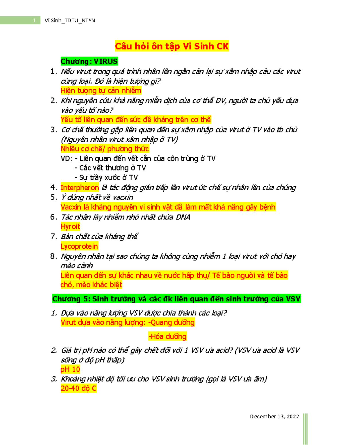 Câu hỏi ôn tập Vi Sinh CK - Câu hỏi ôn tập Vi Sinh Cuối kỳ - Câu hỏi ôn tập Vi Sinh CK Chương ...