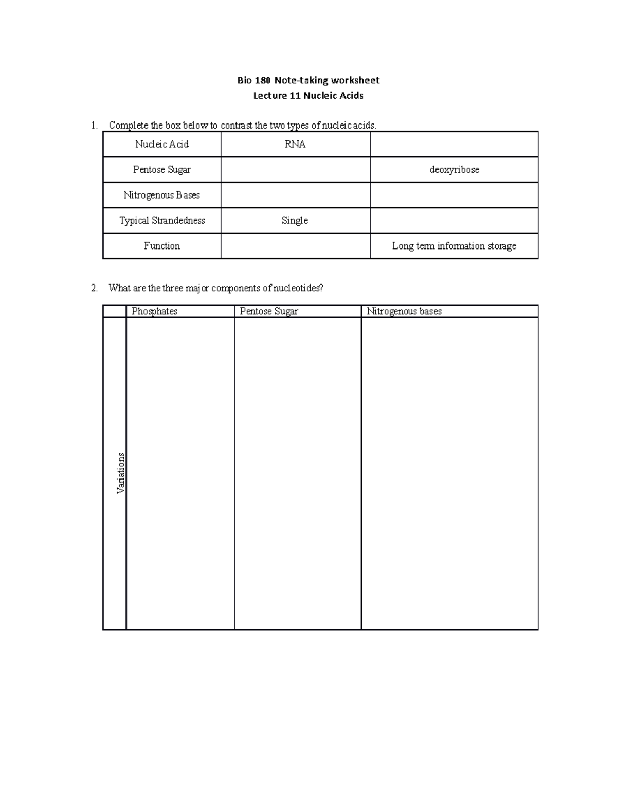 Topic Worksheet - Bio 180 Note-taking worksheet Lecture 11 Nucleic ...