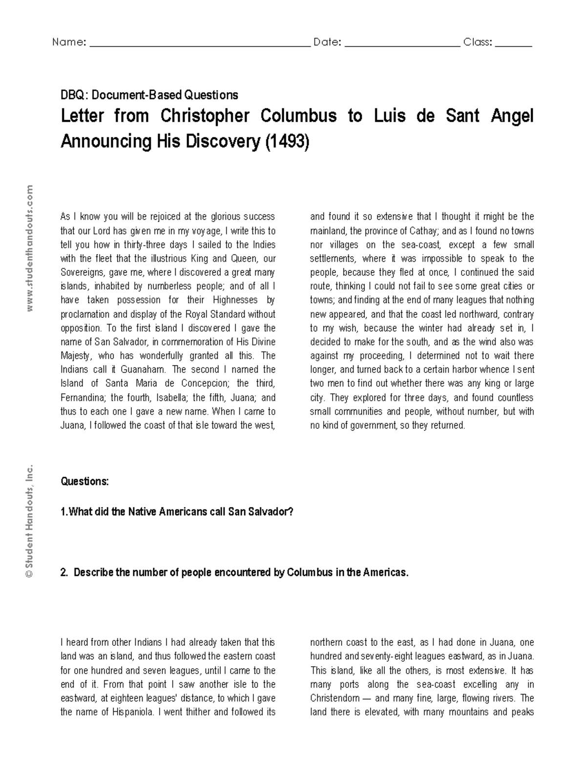 Chris Columbus DBQ - © Student Handouts, Inc. studenthandouts DBQ ...