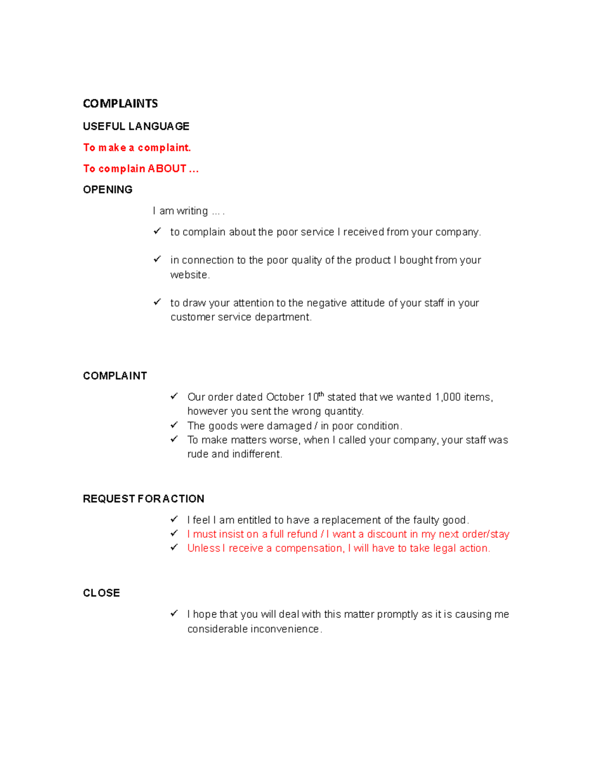 Letter OF Complaint - Useful Language AND Models - COMPLAINTS USEFUL ...