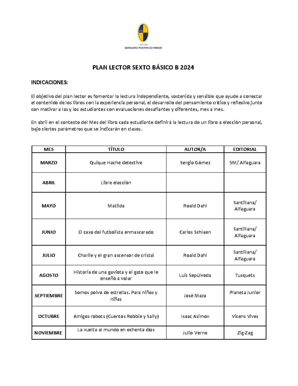 Plan lector 2024 6to basico B - PLAN LECTOR SEXTO BÁSICO B 2024 INDICACIONES: El objetivo del ...