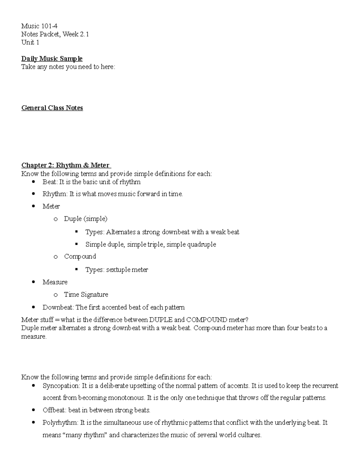 2.1 Rhythm, Harmony, the Madrigal - Music 101- Notes Packet, Week 2 ...