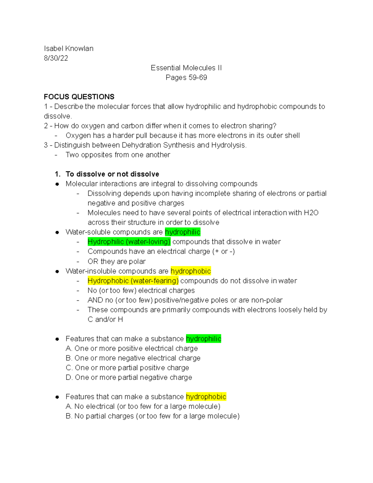 General Biology Lecture Notes - Isabel Knowlan 8/30/ Essential ...