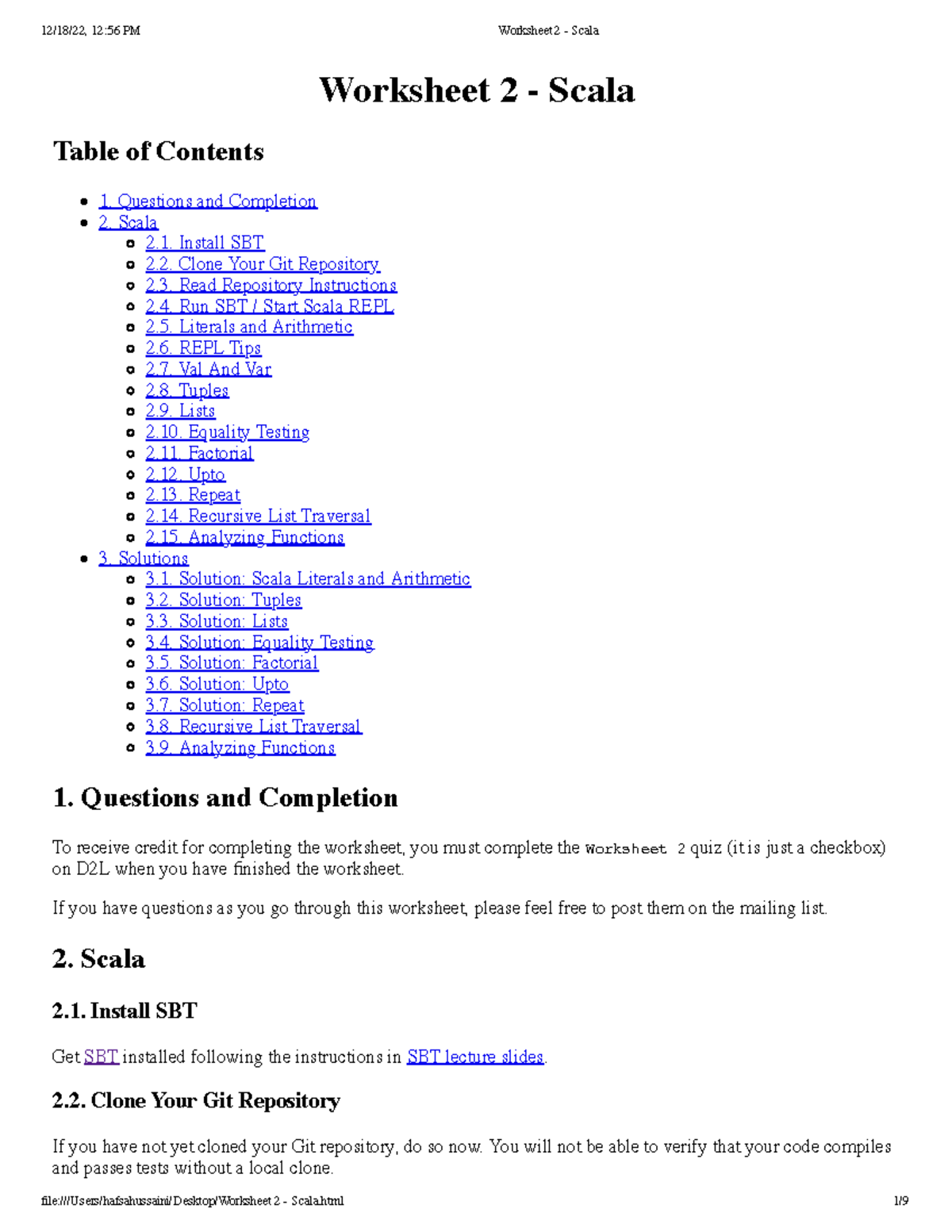 Worksheet 2 - Scala - Worksheet 2 - Scala Table of Contents 1. Questions and Completion 2. Scala ...