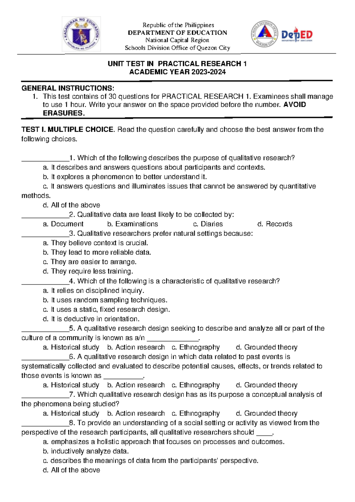 LONG TEST IN PR1 - Republic of the Philippines DEPARTMENT OF EDUCATION ...