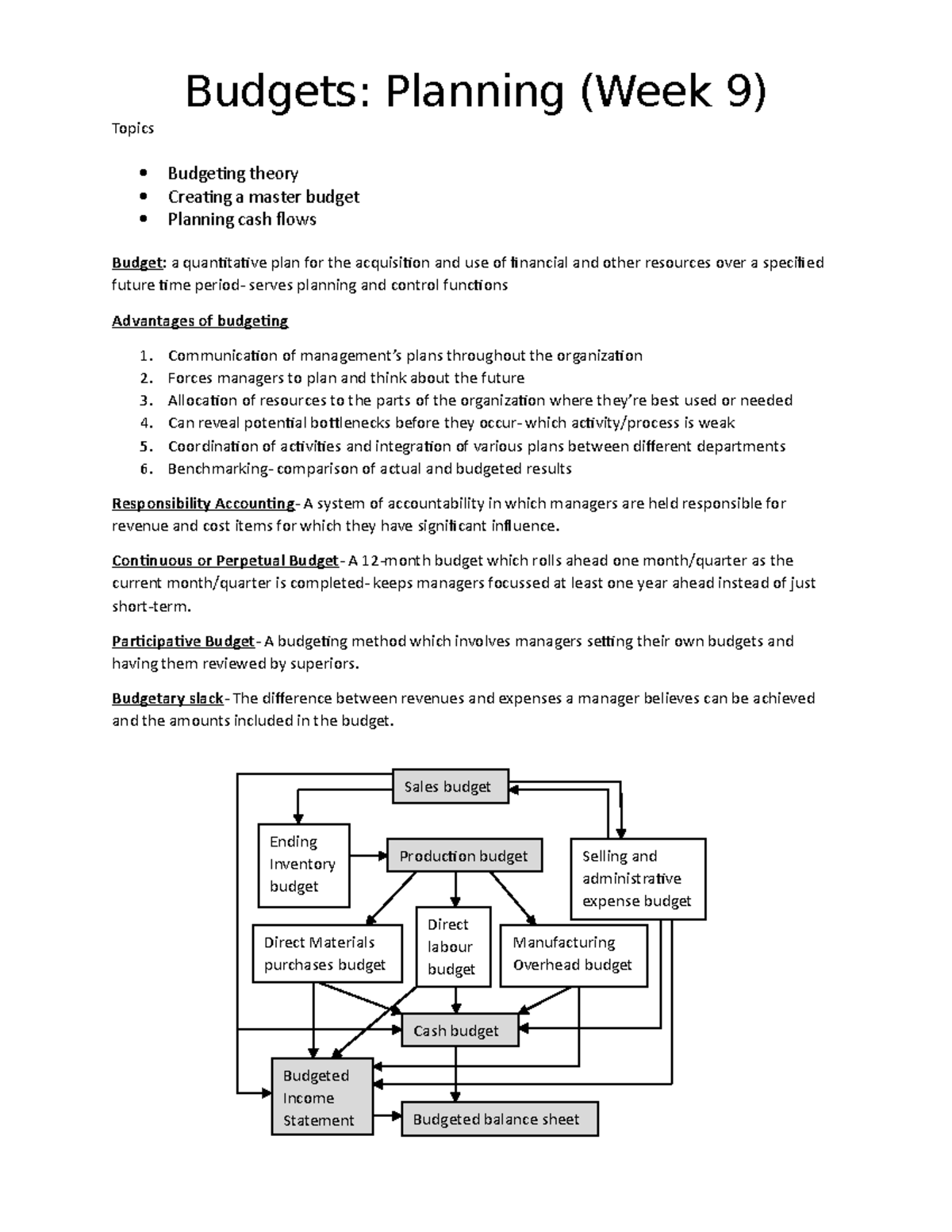 Week 9 621 notes - Budgets: Planning (Week 9) Topics Budgeting theory ...