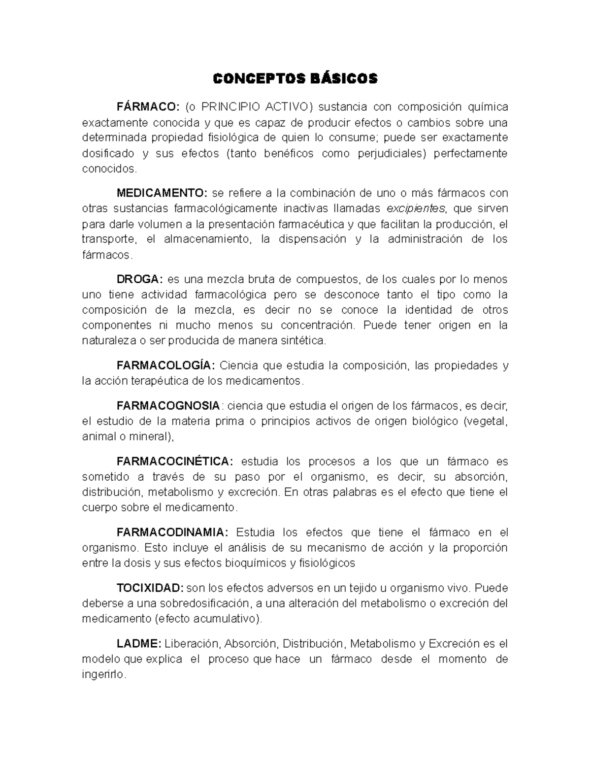 GUIA Farmacologia - CONCEPTOS BÁSICOS FÁRMACO: (o PRINCIPIO ACTIVO ...