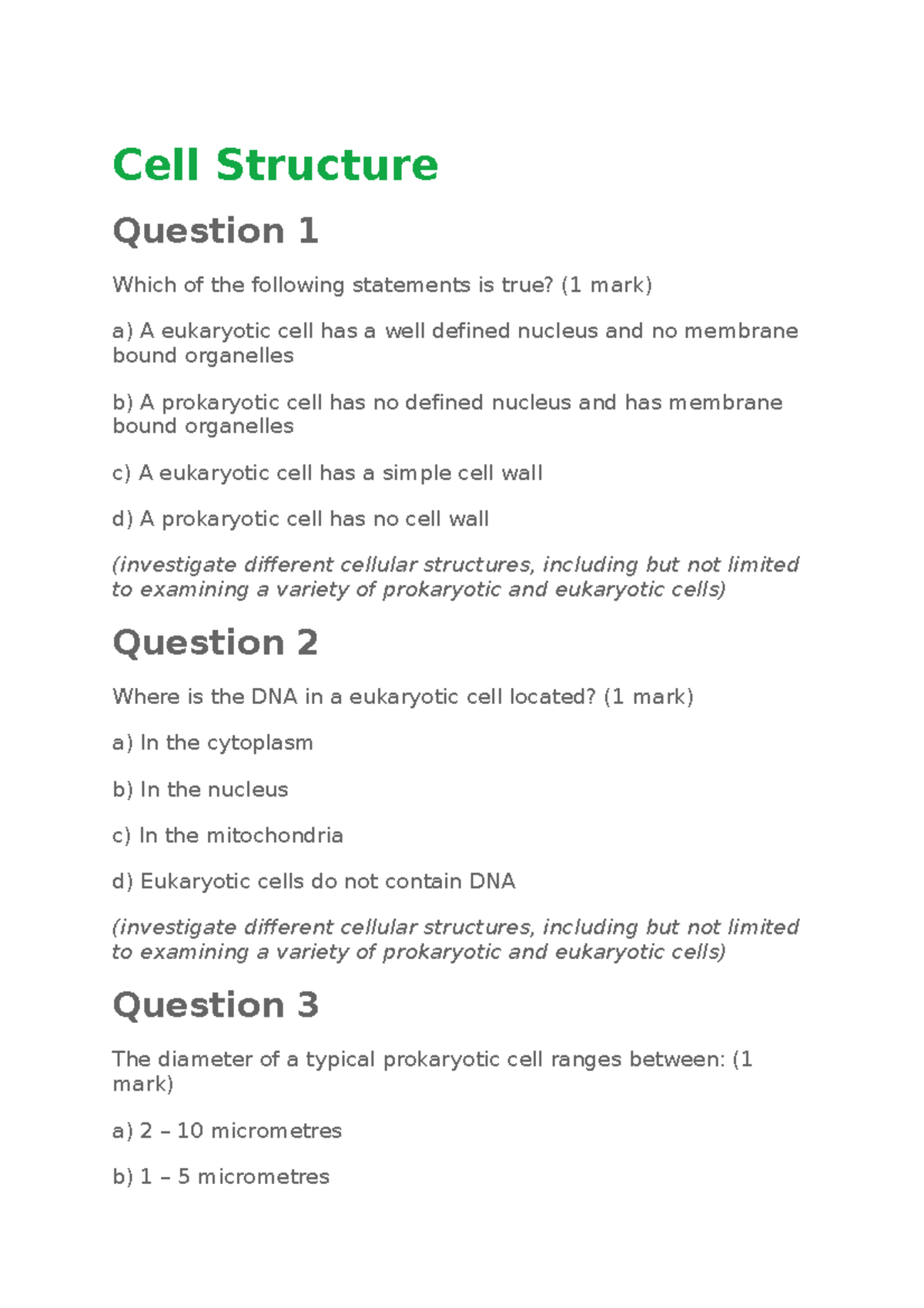 Module 1 Prac quiz - Great resource for practice test - Cell Structure ...