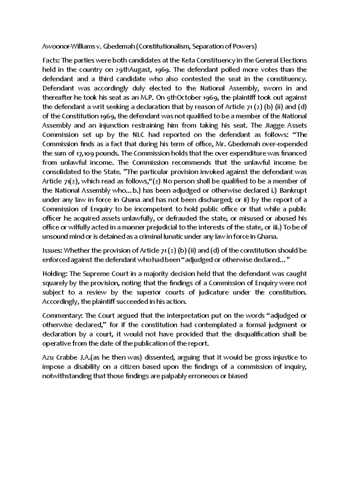 Awoonor vs Gbedemah - Awoonor-Williams v. Gbedemah (Constitutionalism ...