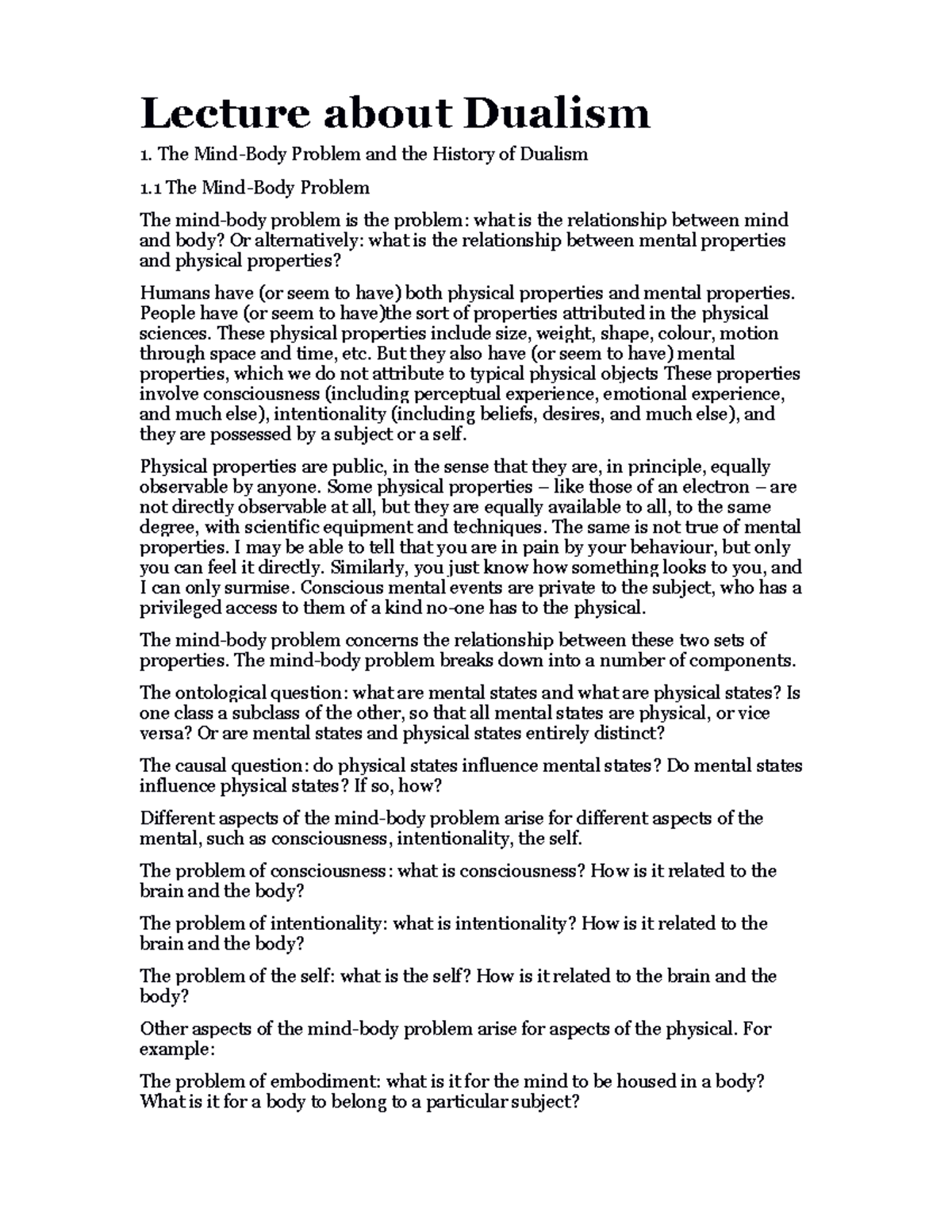 Lecture about Dualism - Lecture about Dualism The Mind-Body Problem and ...