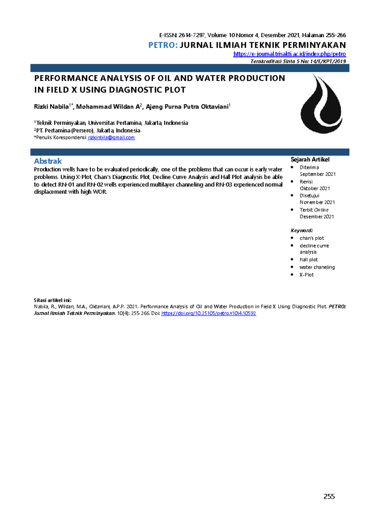 Performance Analysis OF OIL AND Water Production - E-ISSN: 2614-7297, Volume 1 0 Nomor 4 ...
