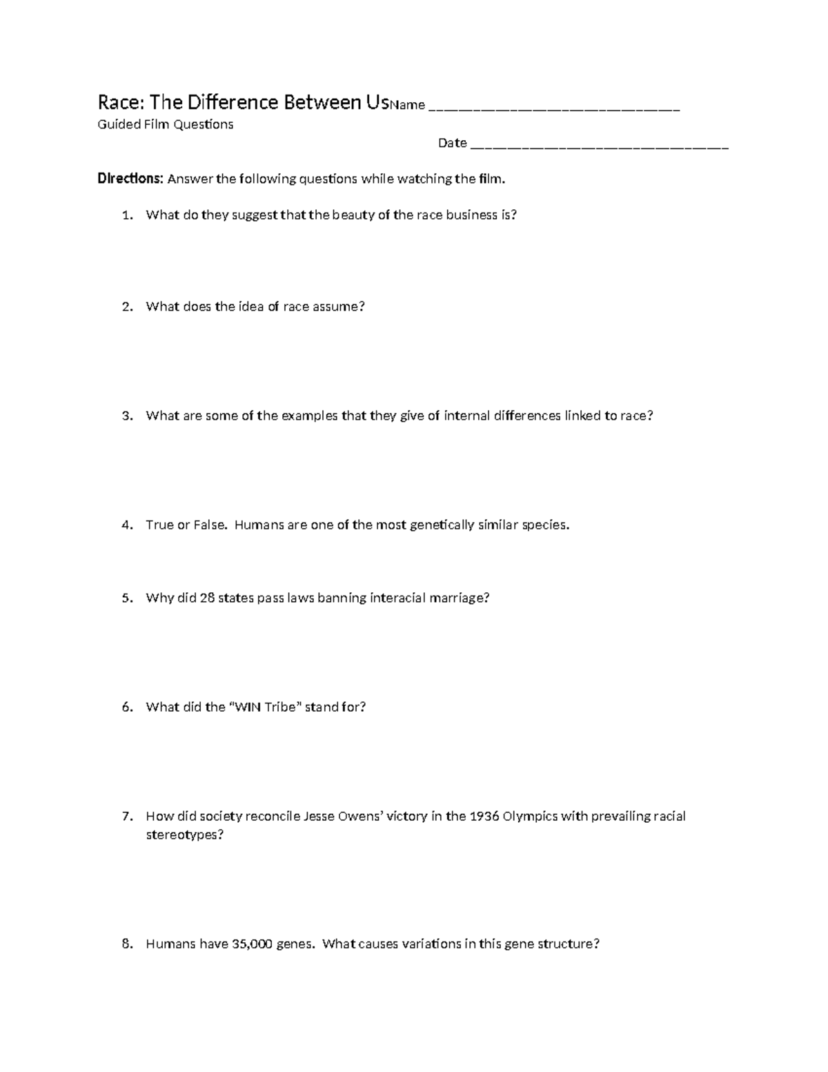 Race Video Questions - Race: The Difference Between UsName