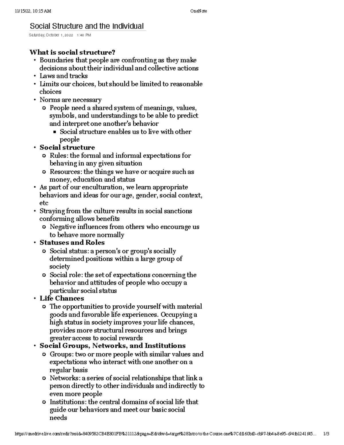 Social Structure and the Individual - 11/15/22, 10:15 AM OneNote - Studocu