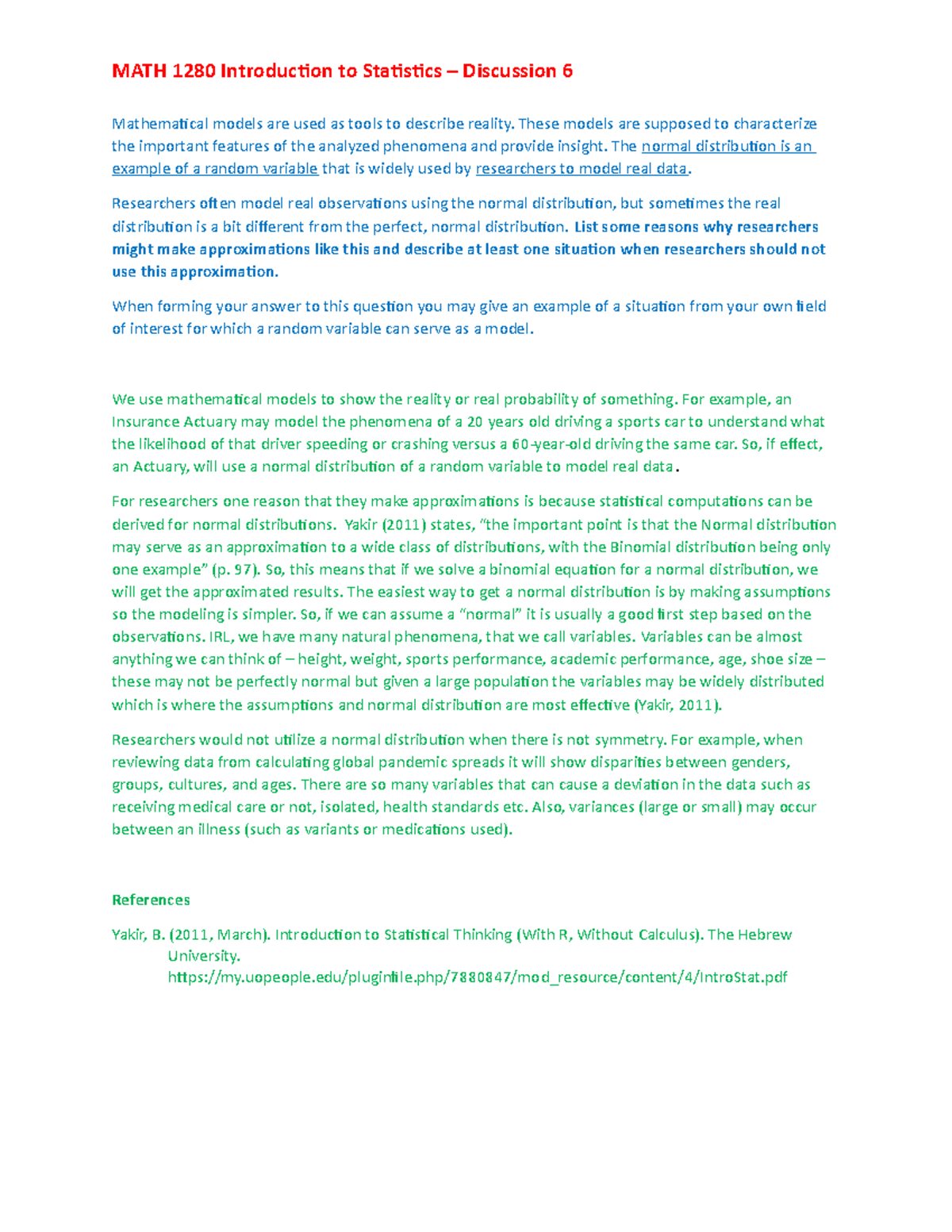 MATH 1280 - Discussion 6 - MATH 1280 Introduction to Statistics ...