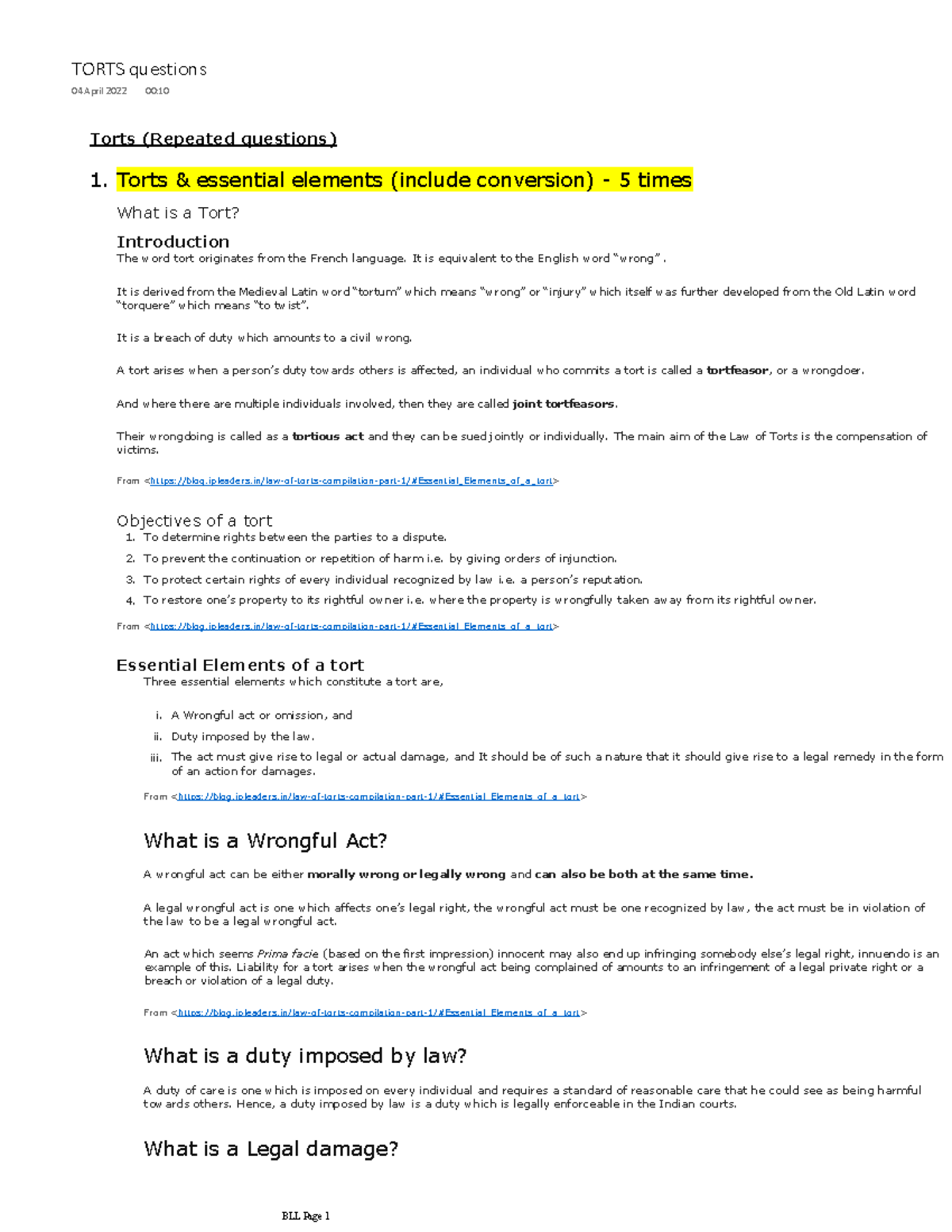 Torts IMPortant Q&A - Torts (Repeated questions) Torts & essential ...