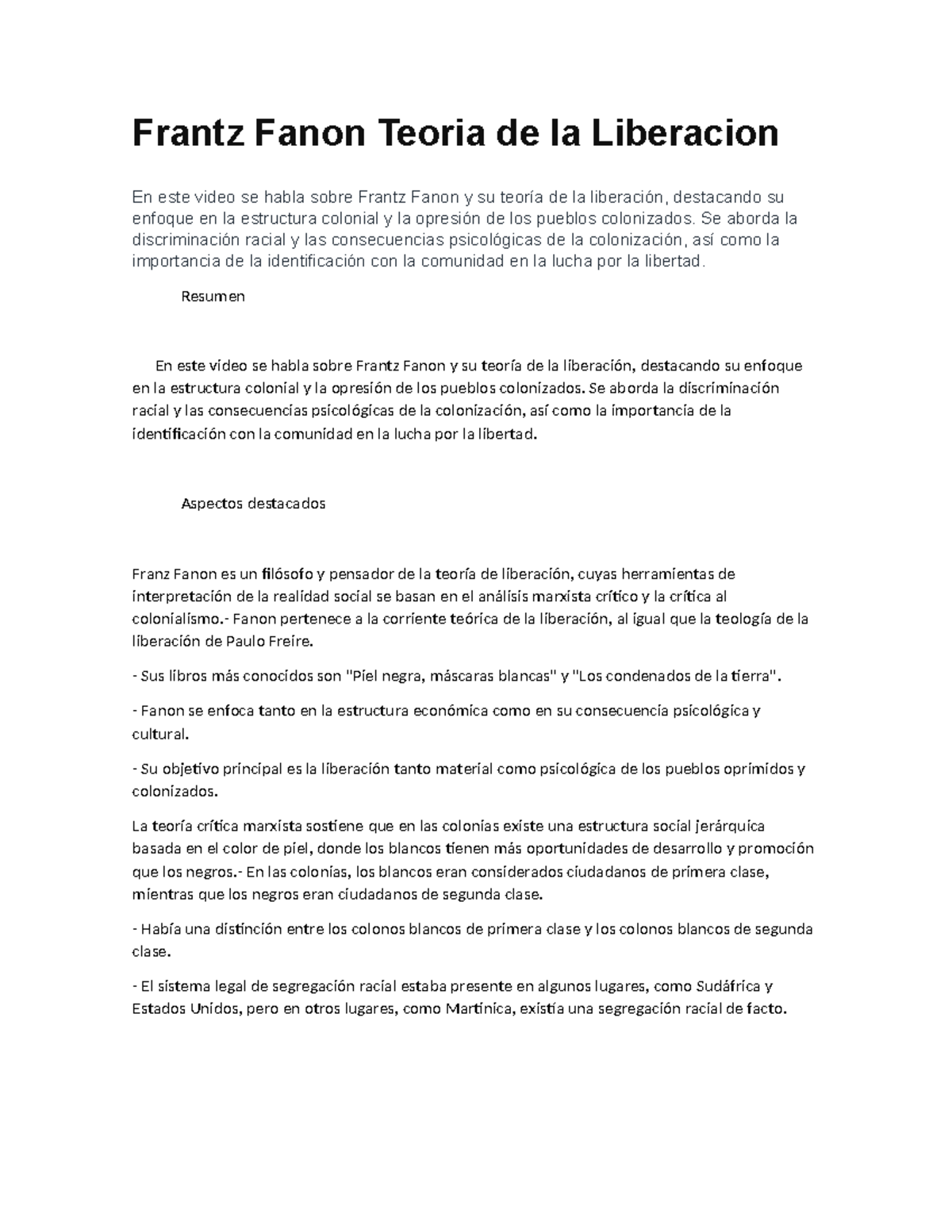 Frantz Fanon Teoria de la Liberacion - Se aborda la discriminación ...