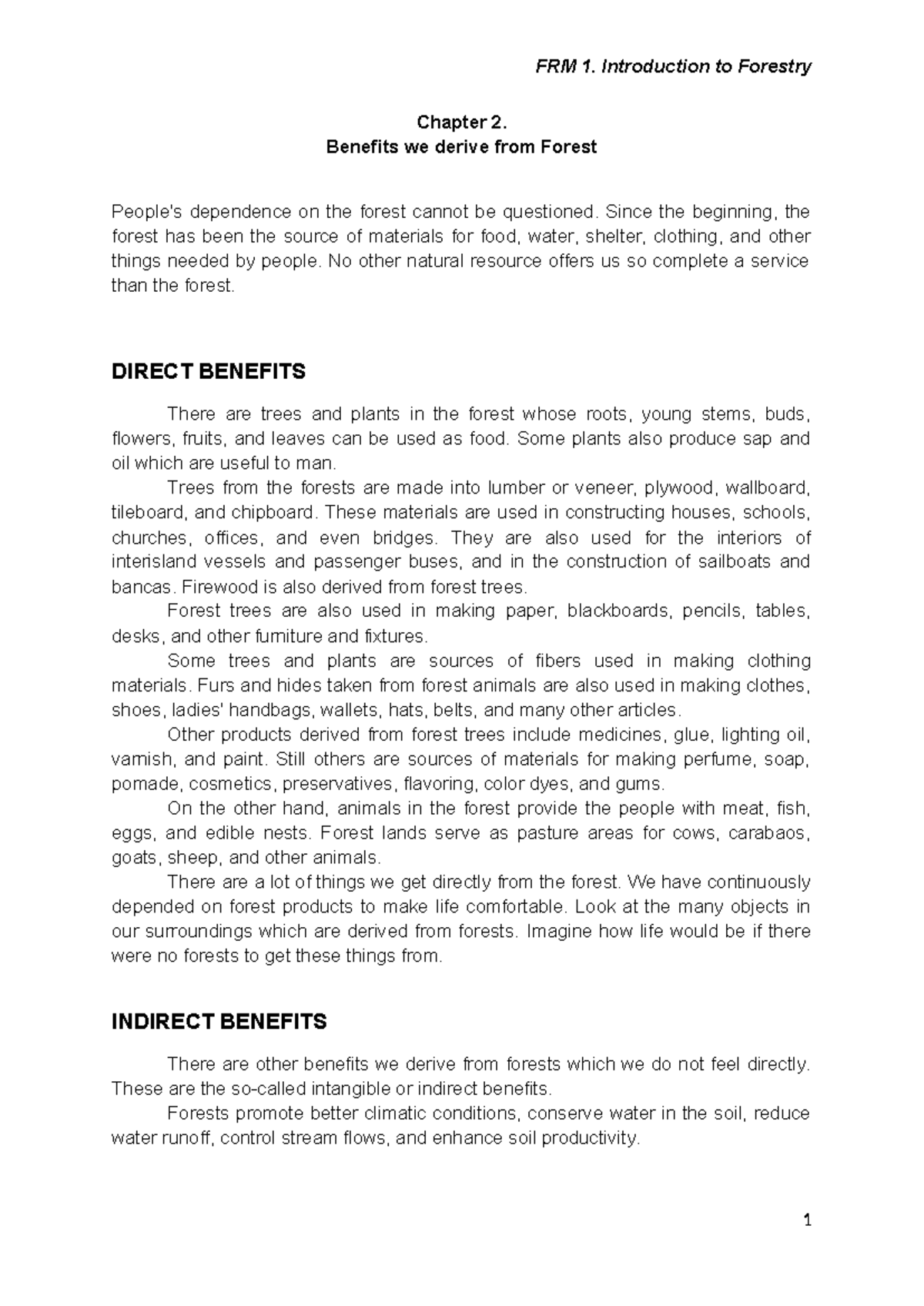 Chapter 2. Benefits we derive from forest - Chapter 2. Benefits we ...