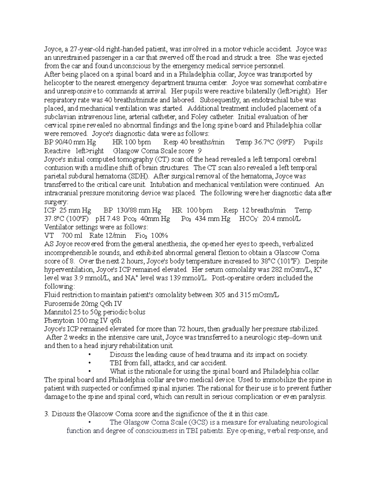 Discussion week 6 copy - NUR 240 Case study week 6 - Joyce, a 27-year-old right-handed patient ...