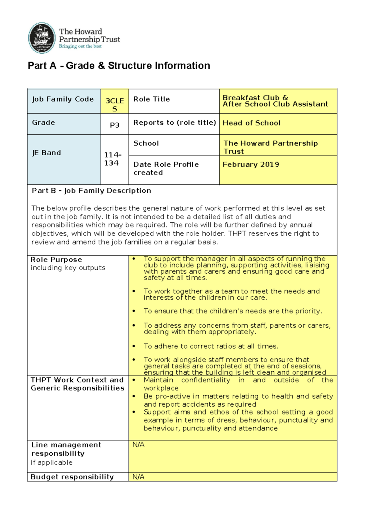 Wrap Around Care Assistant- Job Profile - Part A - Grade & Structure ...