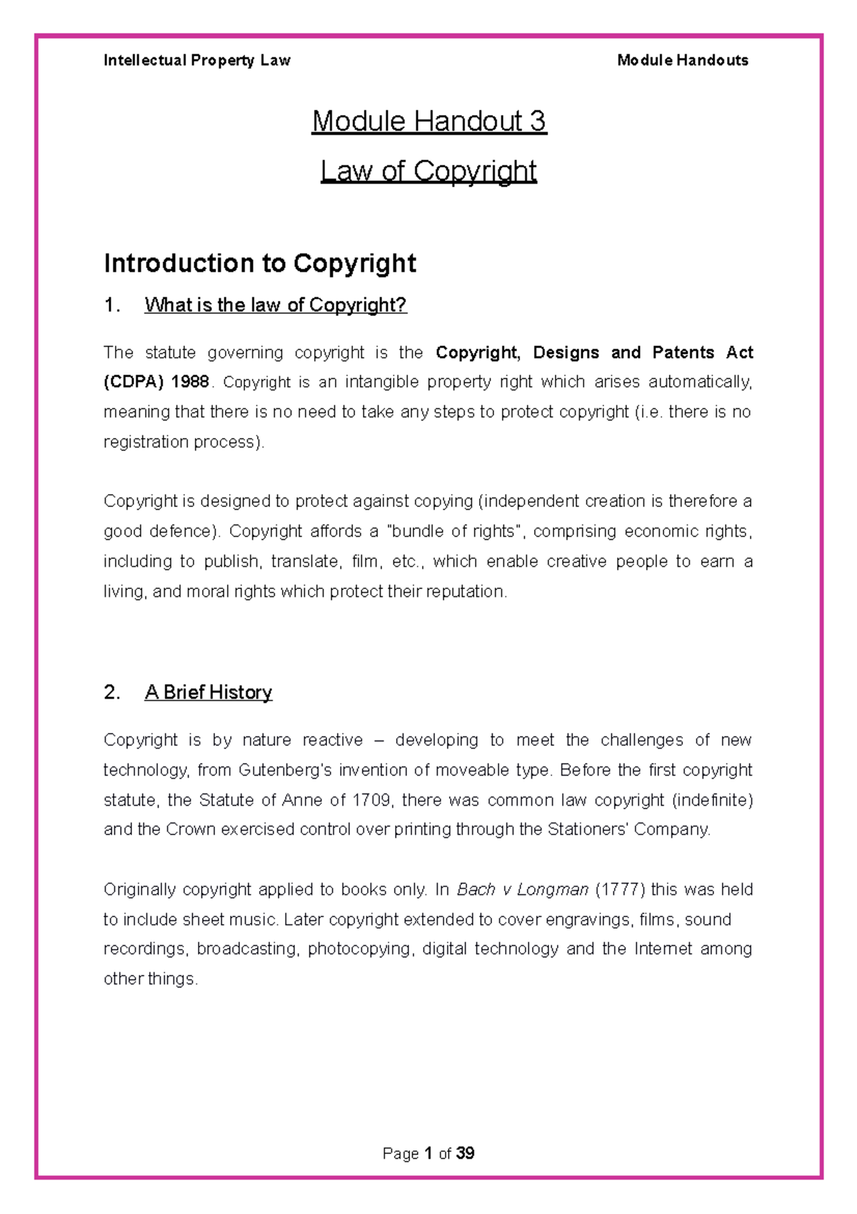L7(A) Copyright module handout - Module Handout 3 Law of Copyright ...