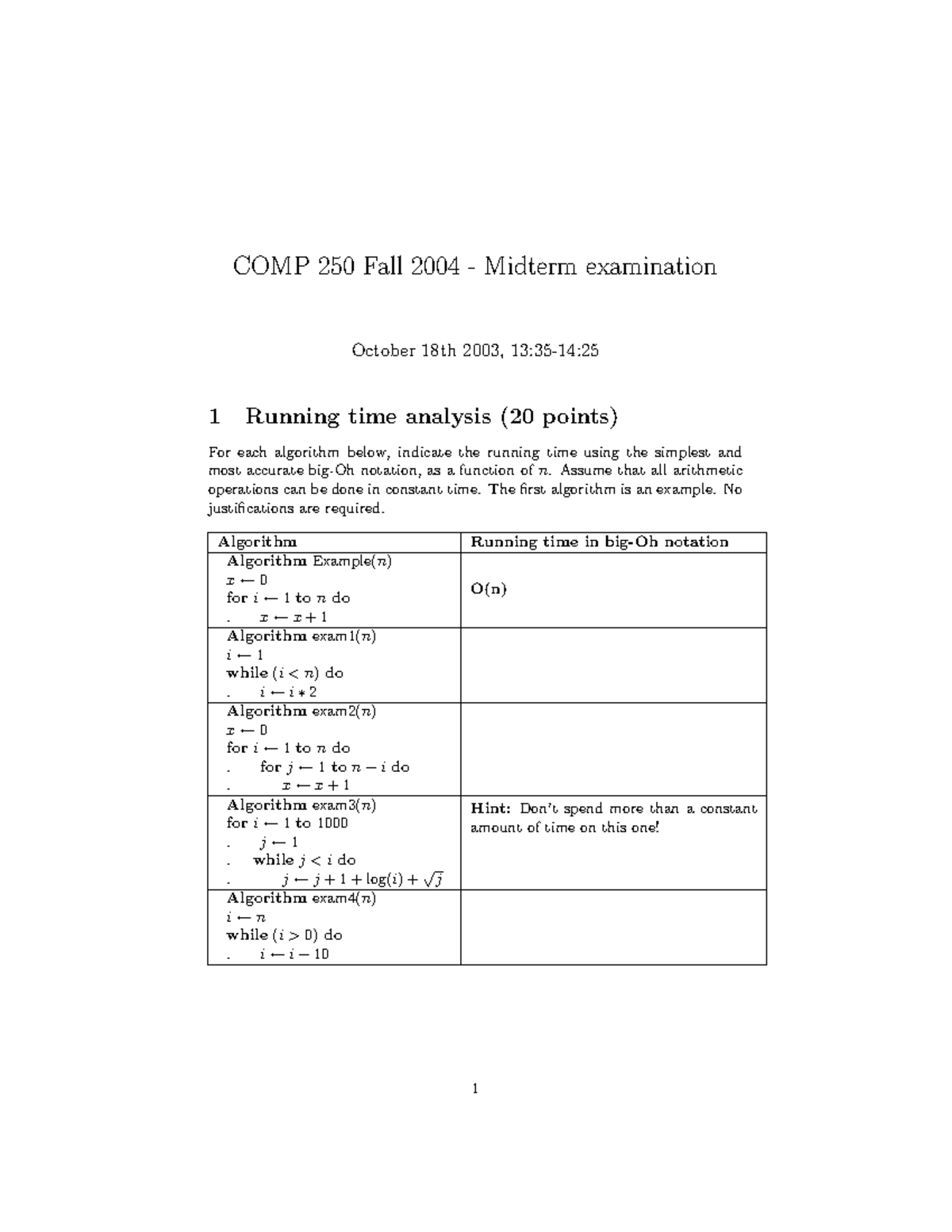 Exam 2004, questions - COMP 250 Fall 2004 - Midterm examination October ...