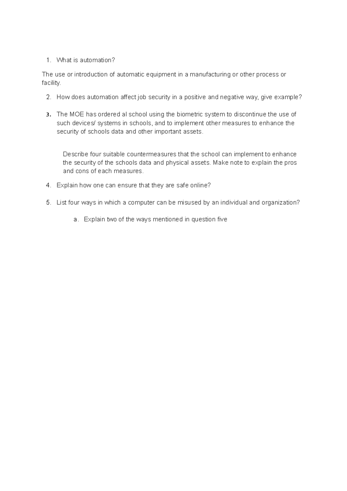 Misuse of ICT questions - What is automation? The use or introduction ...