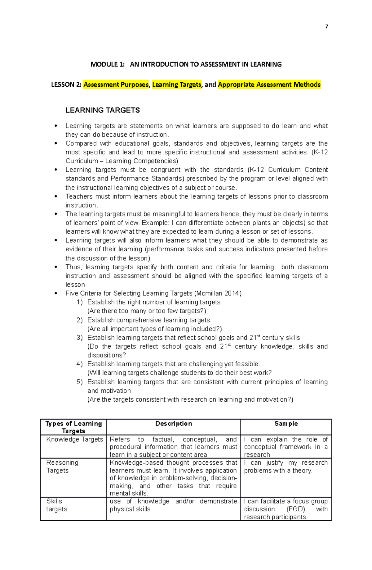 Learning Targets and Appropriate Assessment Methods - Compared with ...