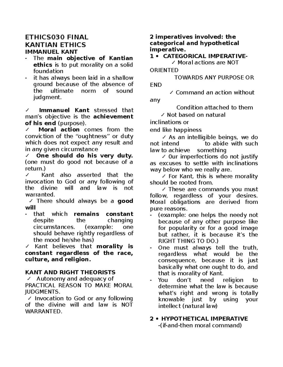 Ethics Final - ETHICS030 FINAL KANTIAN ETHICS IMMANUEL KANT The main ...