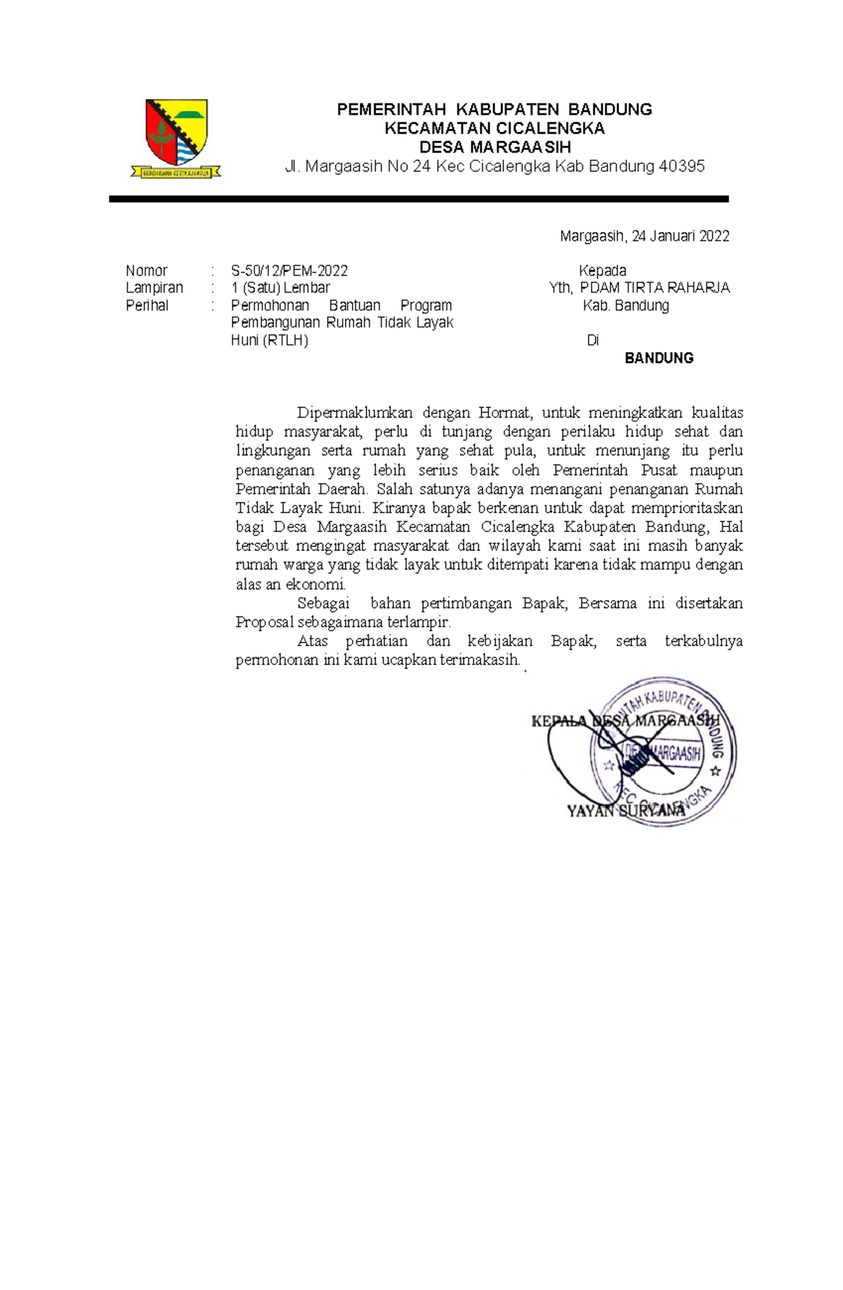 Proposal - ttt - PEMERINTAH KABUPATEN BANDUNG KECAMATAN CICALENGKA DESA ...