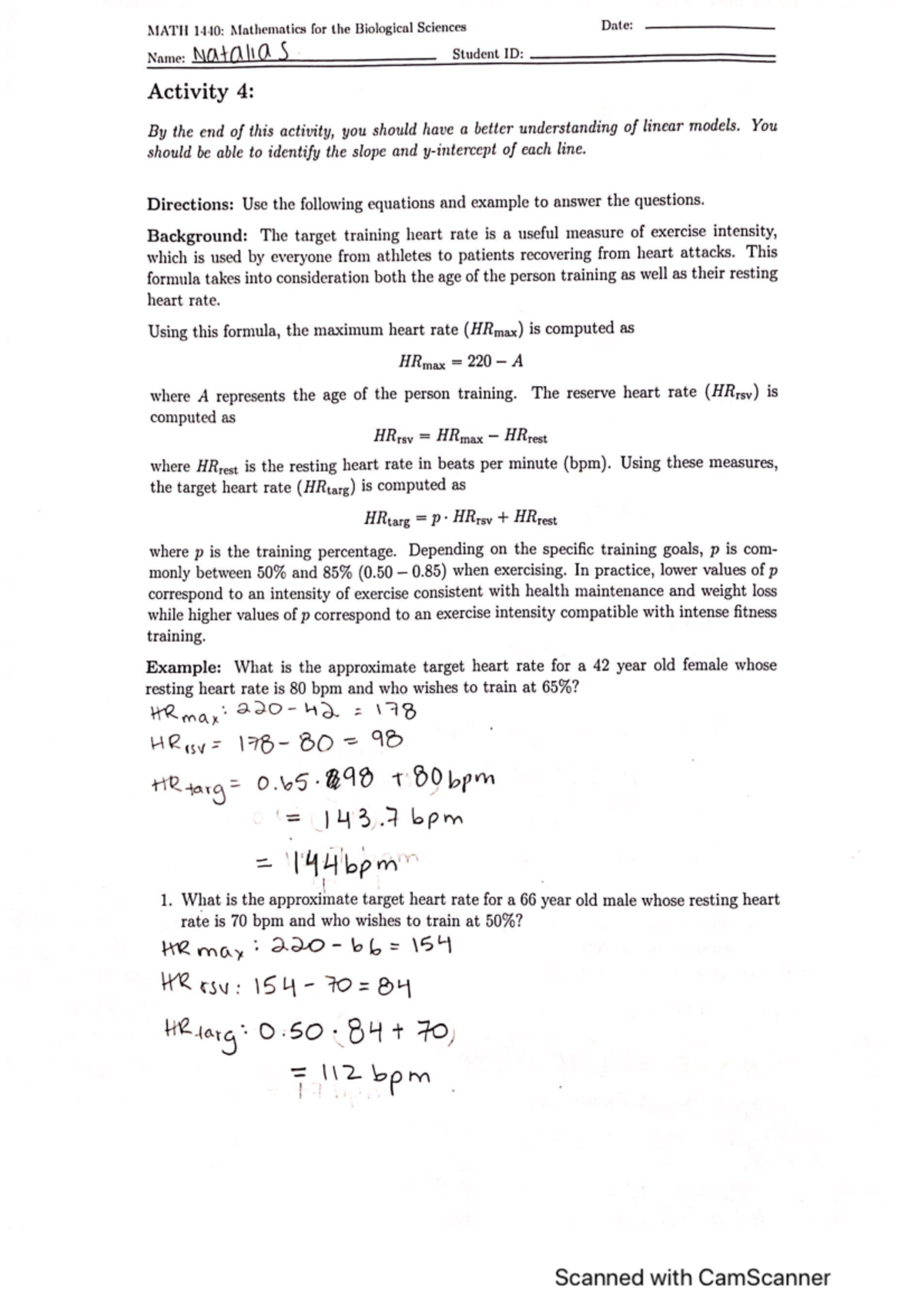 Heart rate math discussion worksheet - MATH14400AAA - Studocu
