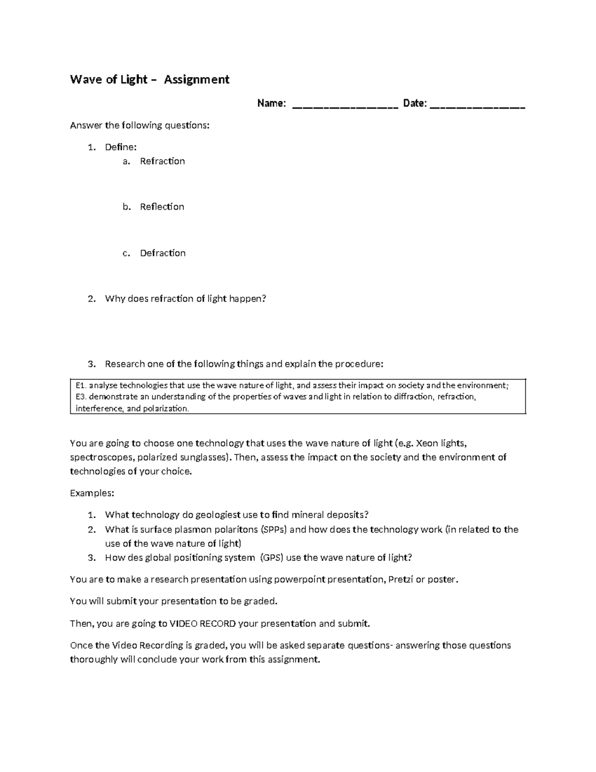 Wave of Light assignment - Wave of Light – Assignment Name: ____________________ Date: - Studocu