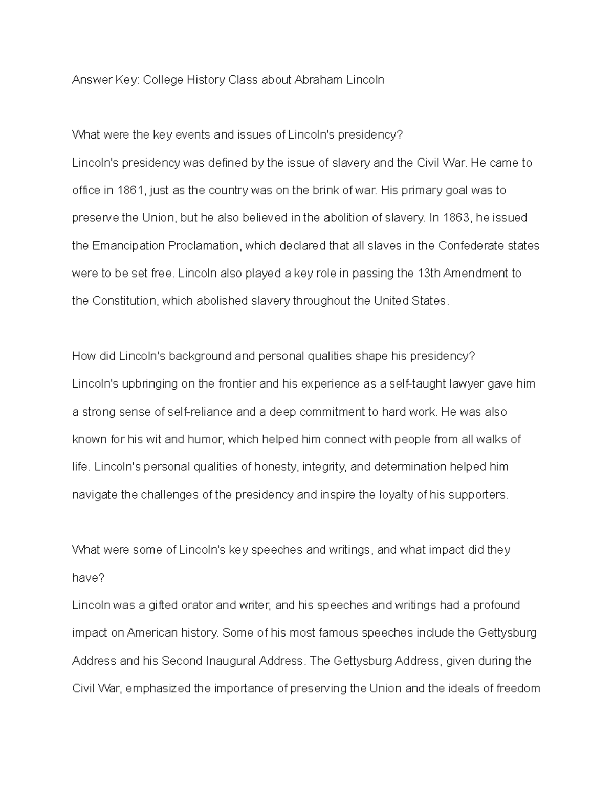 Answer Key History Class about Abraham Lincoln - Answer Key: College ...