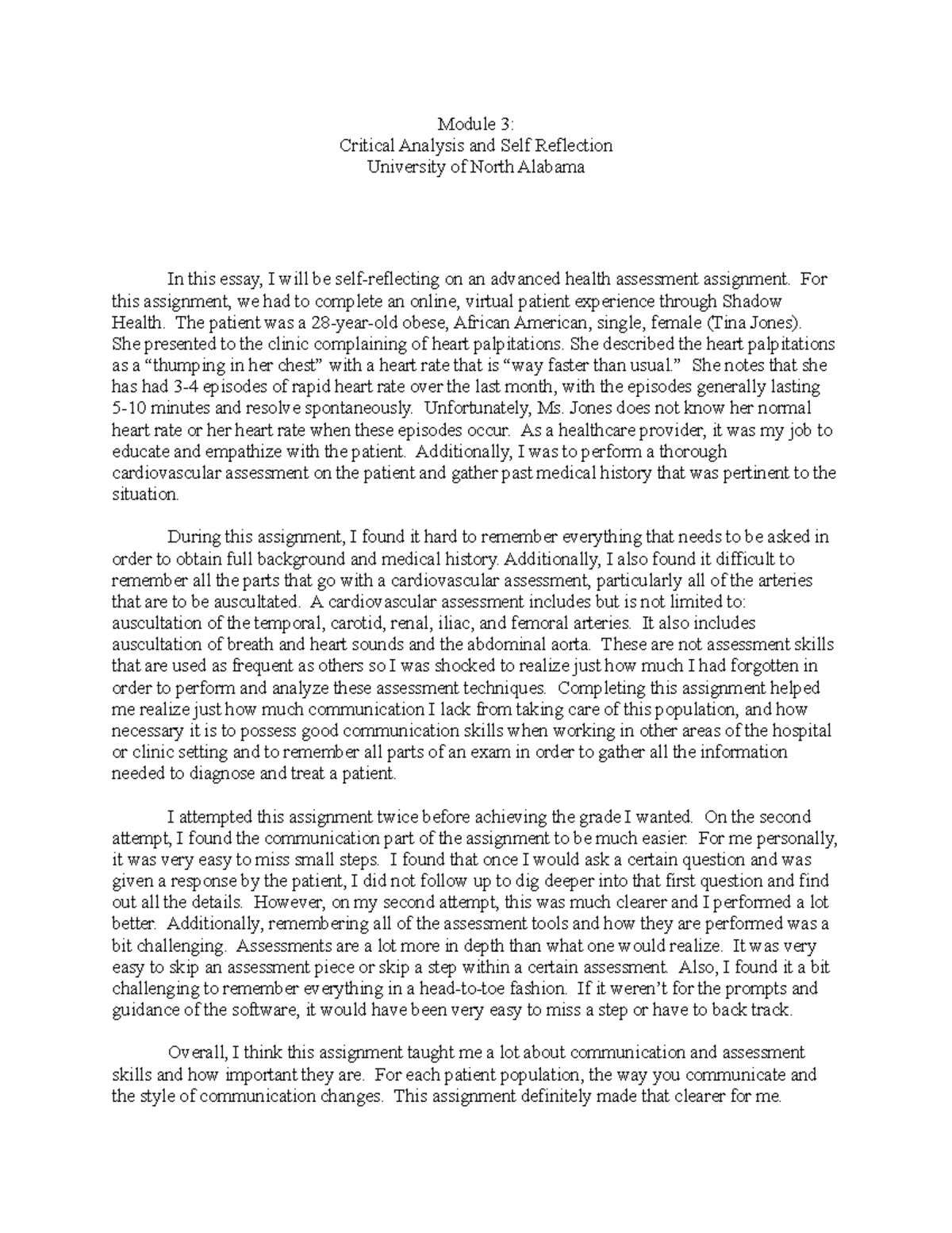 Cardiovascular Self- Refelection - Module 3: Critical Analysis and Self Reflection University of ...