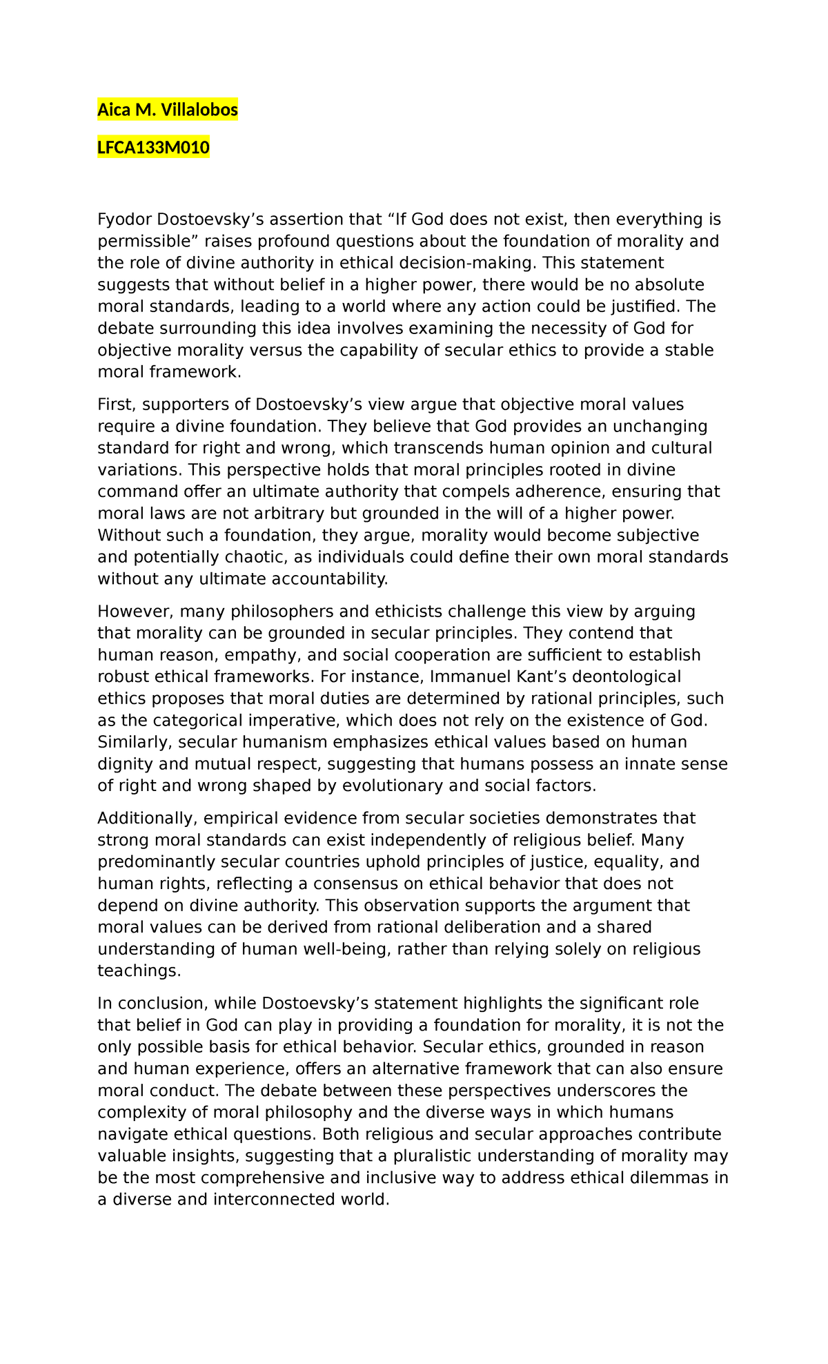 VAL02 ACT10 - Essay - Aica M. Villalobos LFCA133M Fyodor Dostoevsky’s ...