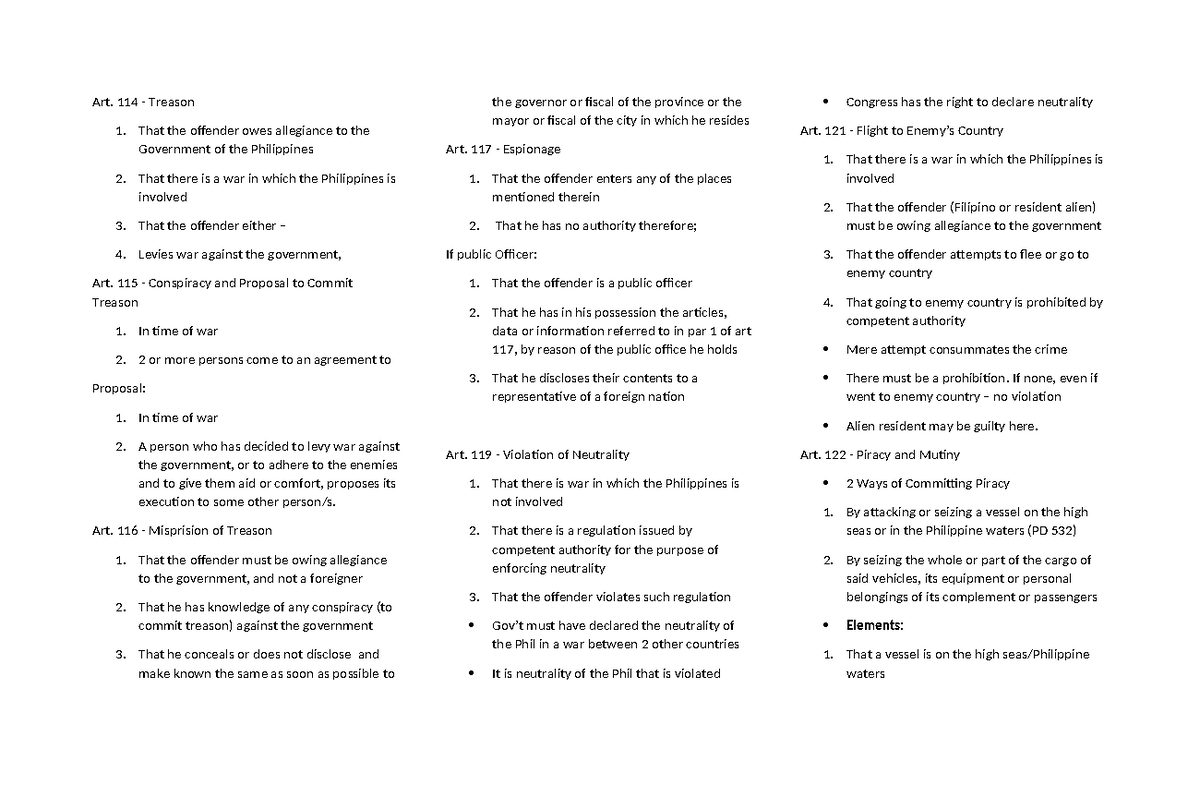 Prelimand Midterm Art 114 Treason 1 That The Offender Owes Allegiance To The Government Of 