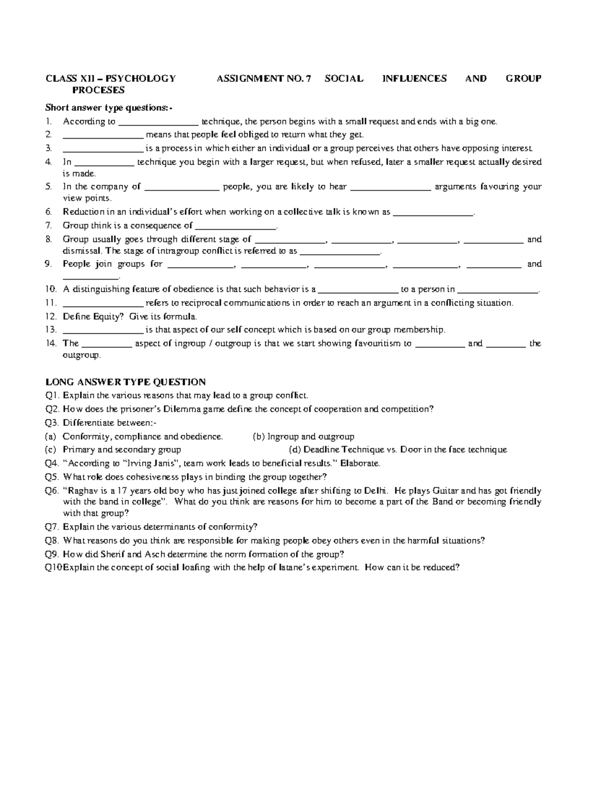 CBSE Class 12 Psychology Worksheet - CLASS XII – PSYCHOLOGY ASSIGNMENT ...
