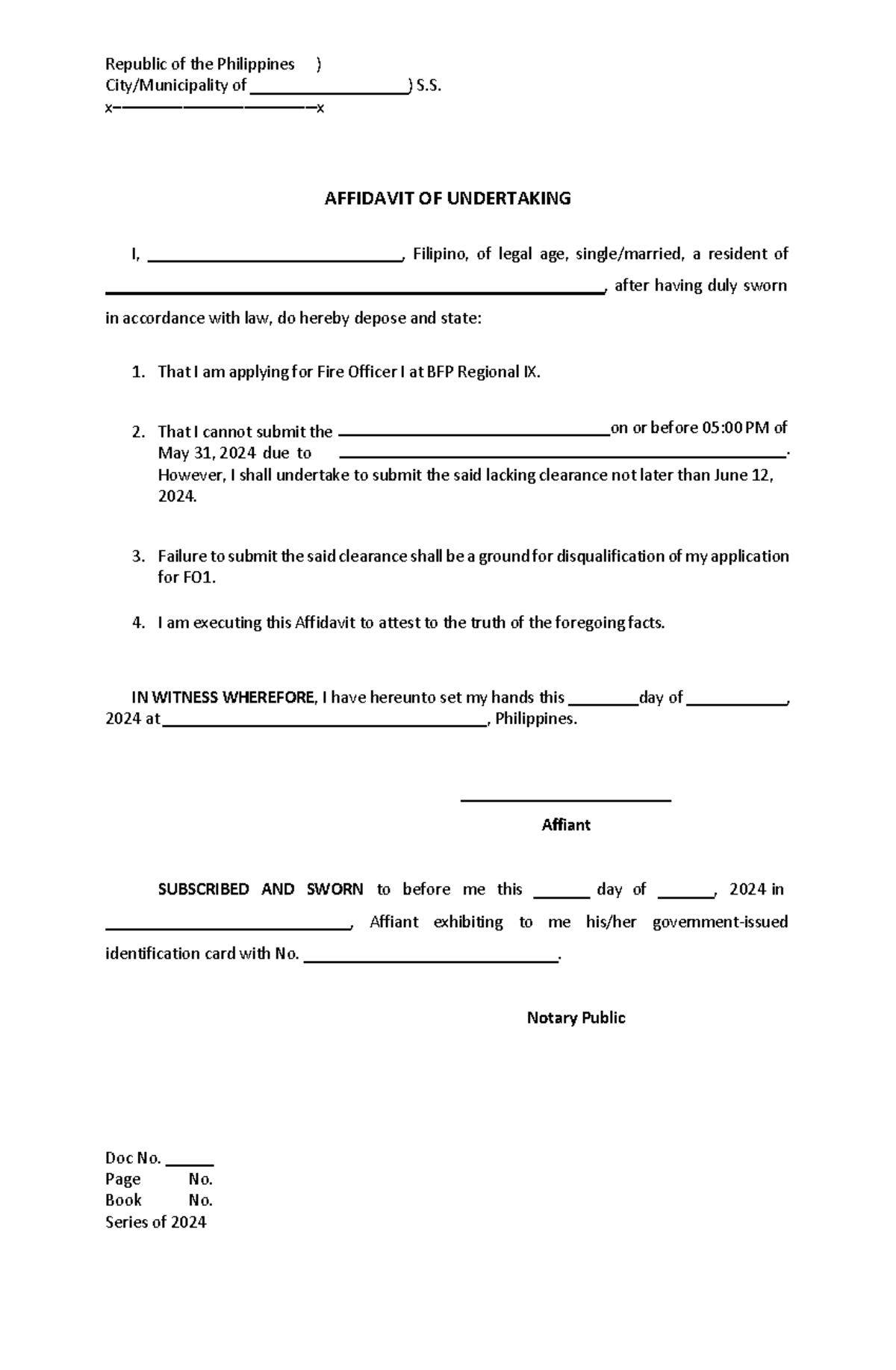 Affidavit of Undertaking for Lacking Clearance s 2024 (LONG SIZE) 2nd ...