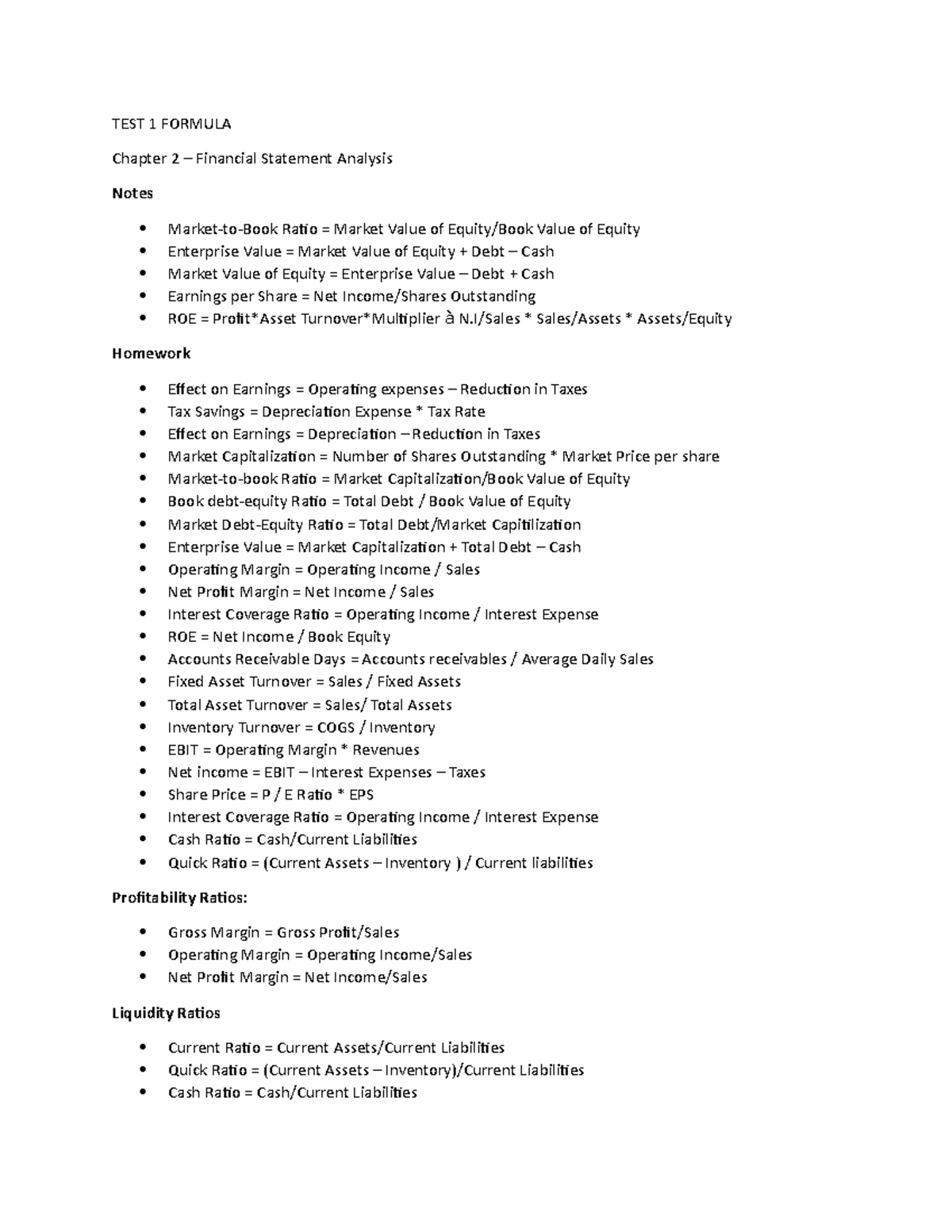 Test 1 Lecture Notes and Formulas - TEST 1 FORMULA Chapter 2 ...