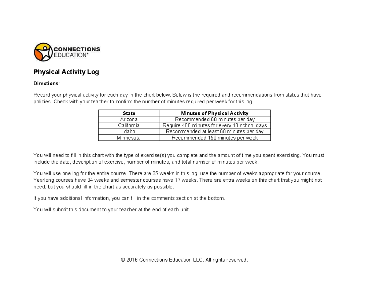 Physical Activity Log (1) - Physical Activity Log Directions: Record ...