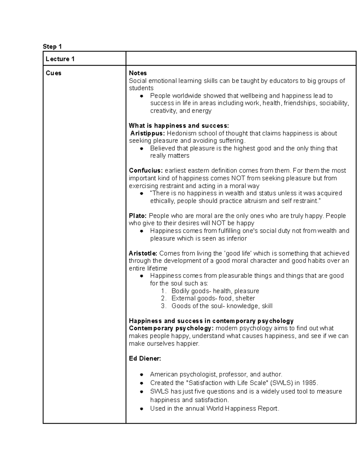Cornell notes - Step 1 Lecture 1 Cues Notes Social emotional learning ...