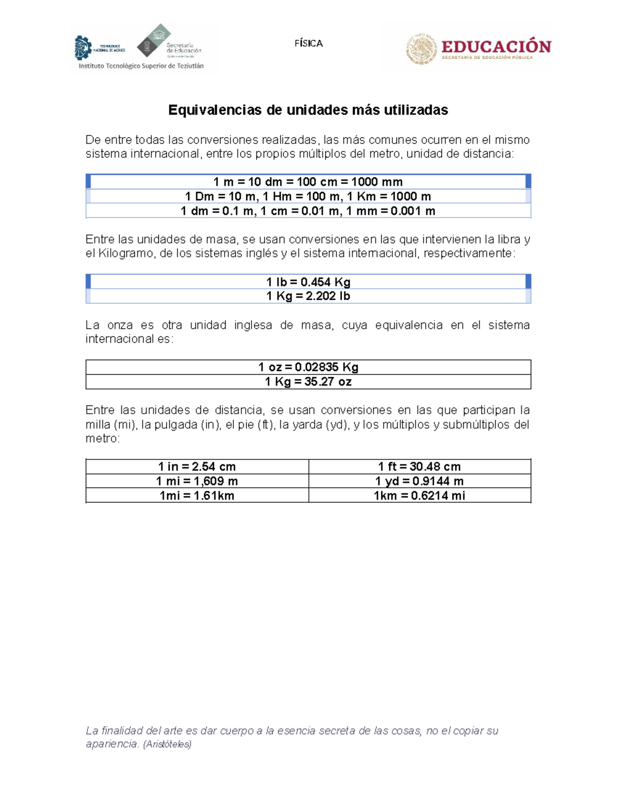 Act 1 - aaaa - Equivalencias de unidades más utilizadas De entre todas ...